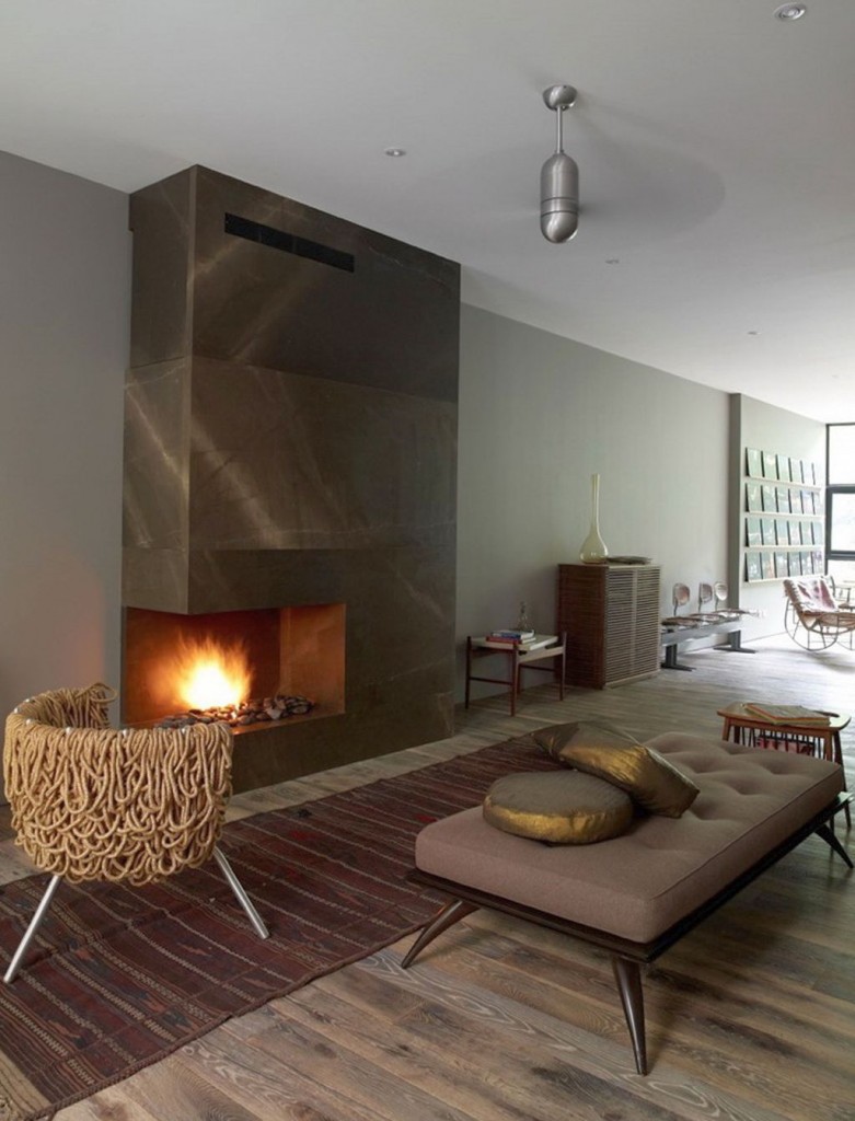 japanese inspired living room with contemporary fireplace