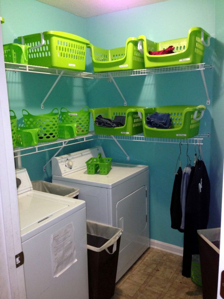 small laundry room storage solutions with basket racks